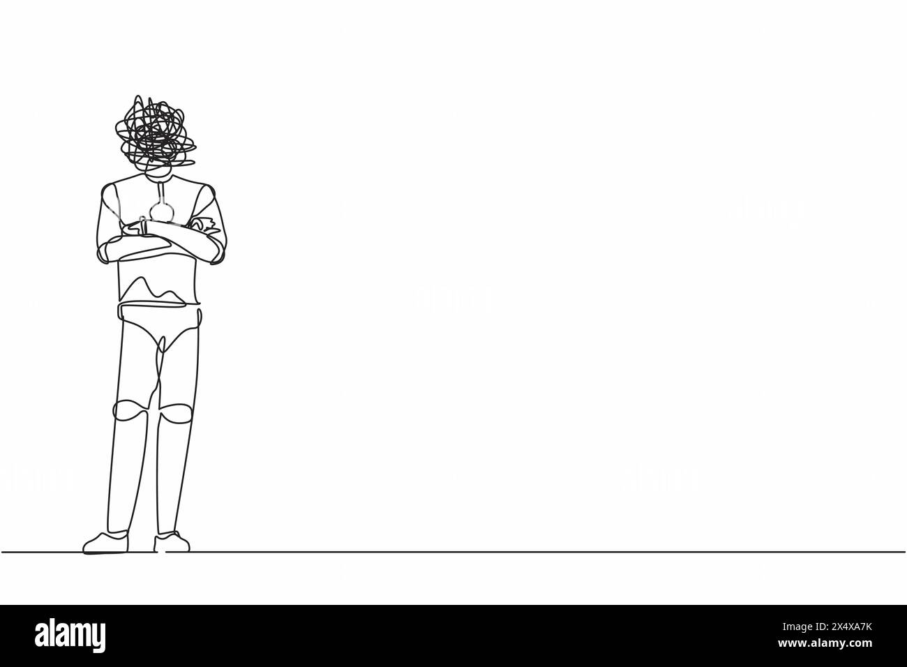 Continuous one line drawing robot with round scribble instead of head, standing with folded arms ...