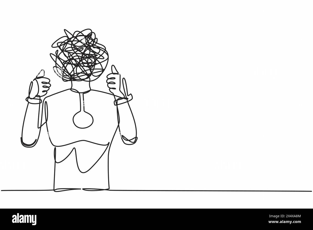 Continuous one line drawing robot with round scribbles instead of head. Confused robot showing ...