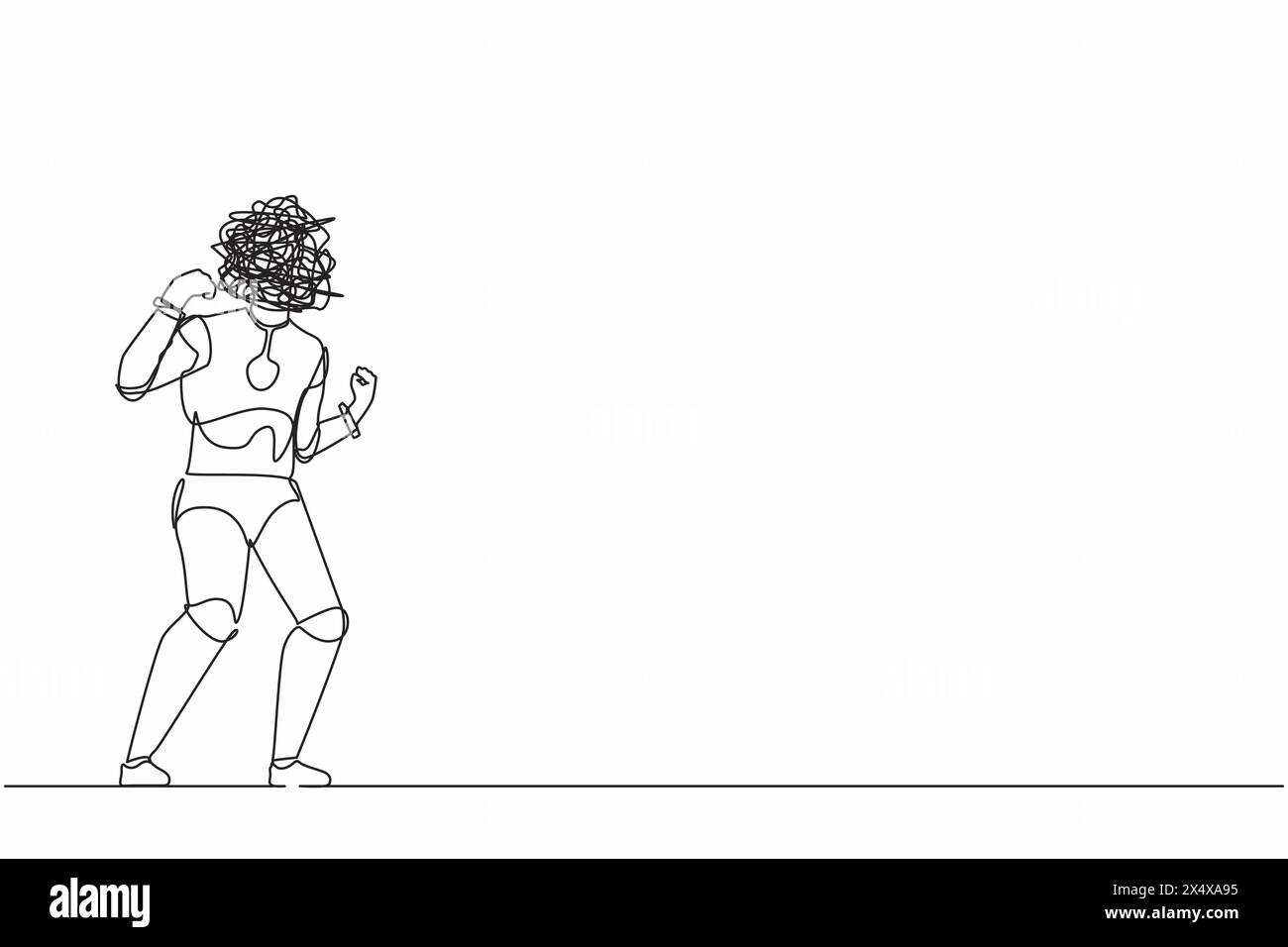 Single continuous line drawing robot with round scribbles instead of head. Angry annoyed robot ...