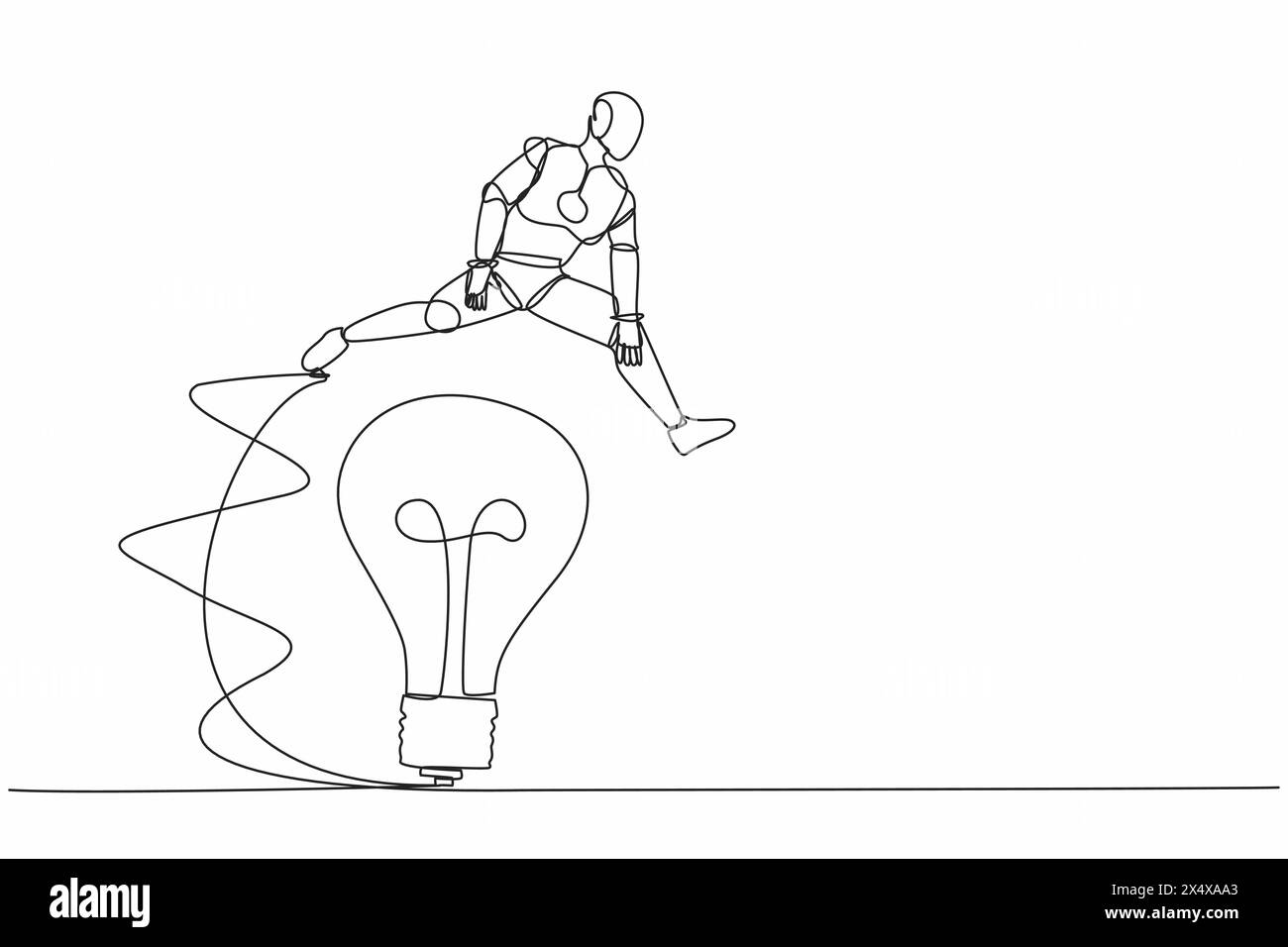Single continuous line drawing robot jumping over big light bulb ...