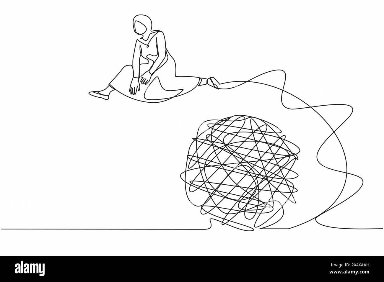 Continuous one line drawing Arab businesswoman jumping over tangled ...