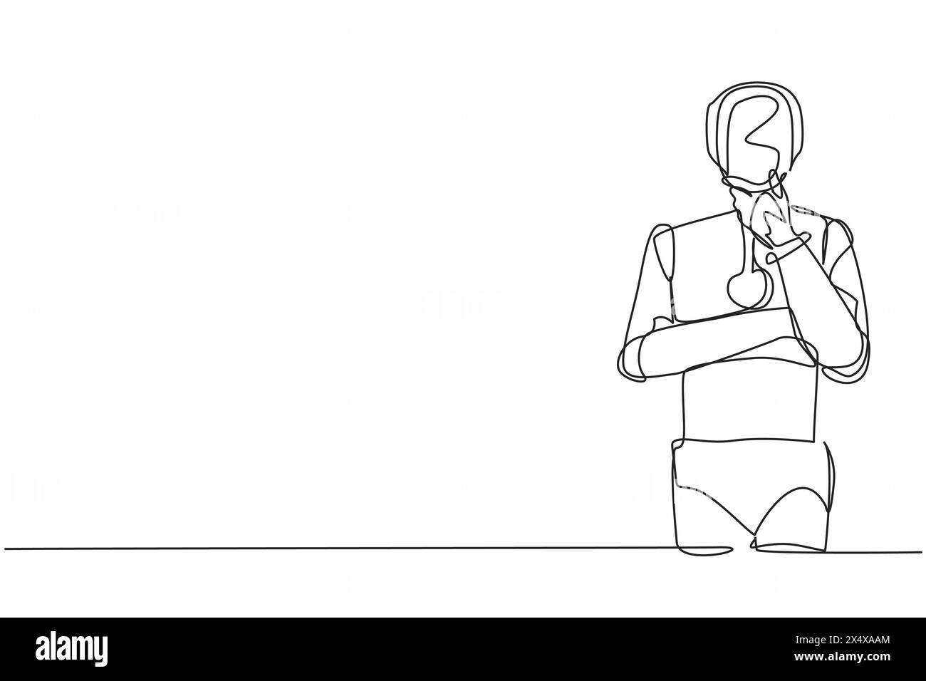 Single continuous line drawing robot standing in thoughtful pose ...