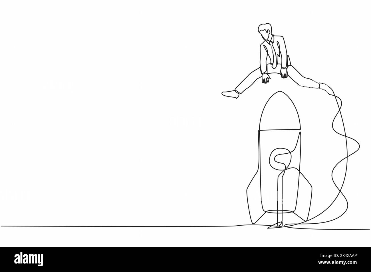Single continuous line drawing businessman jumping over big rocket ...