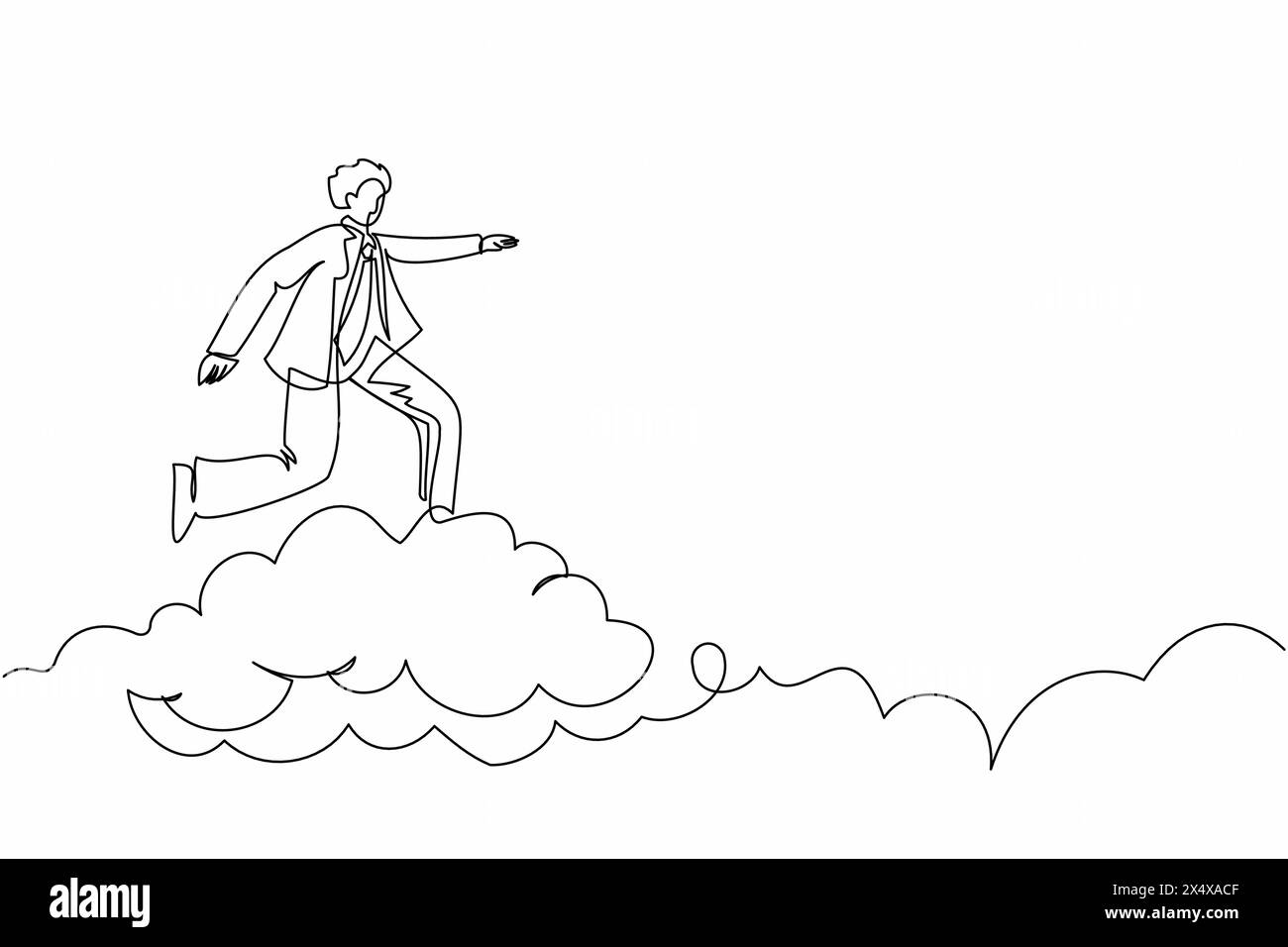 Single continuous line drawing businessman riding cloud on the sky ...