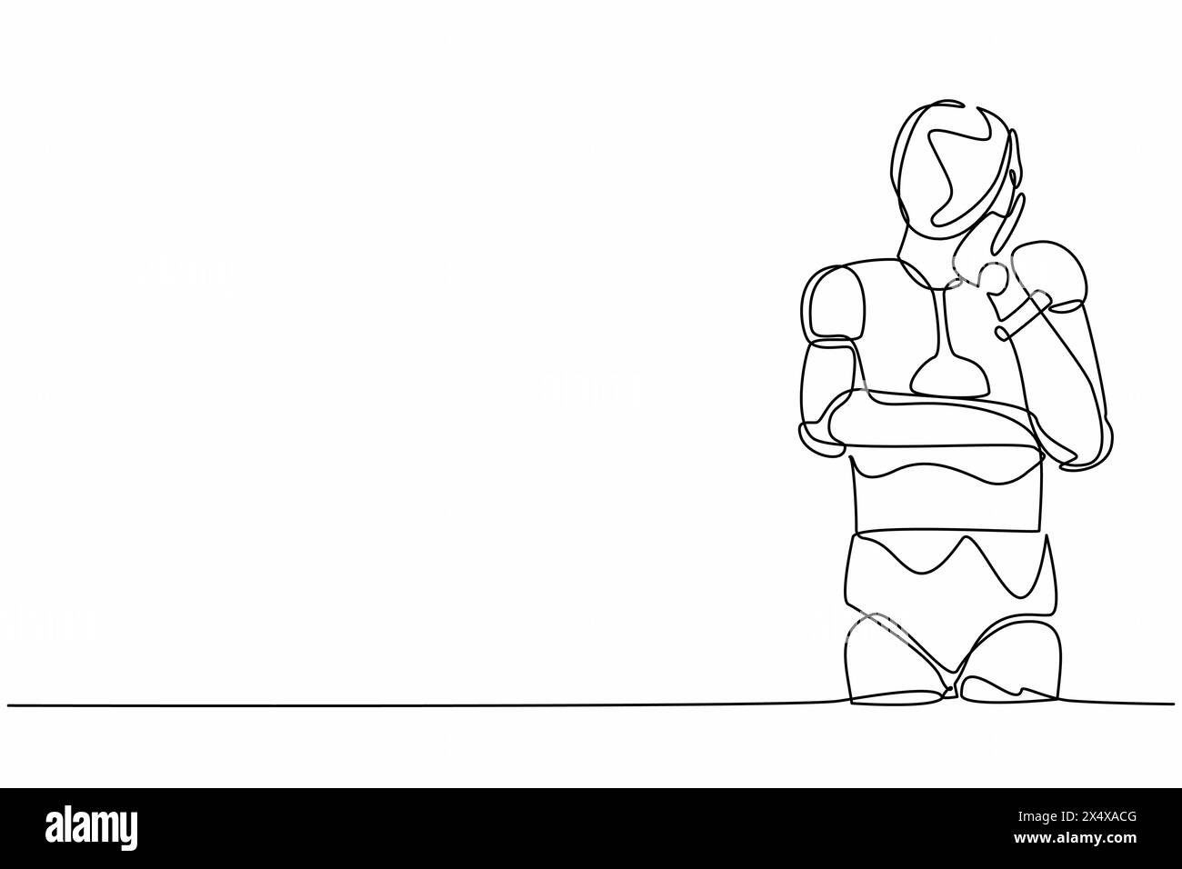Single one line drawing robot standing with keeping hand on cheek ... Single one line drawing robot standing with keeping hand on cheek ...
