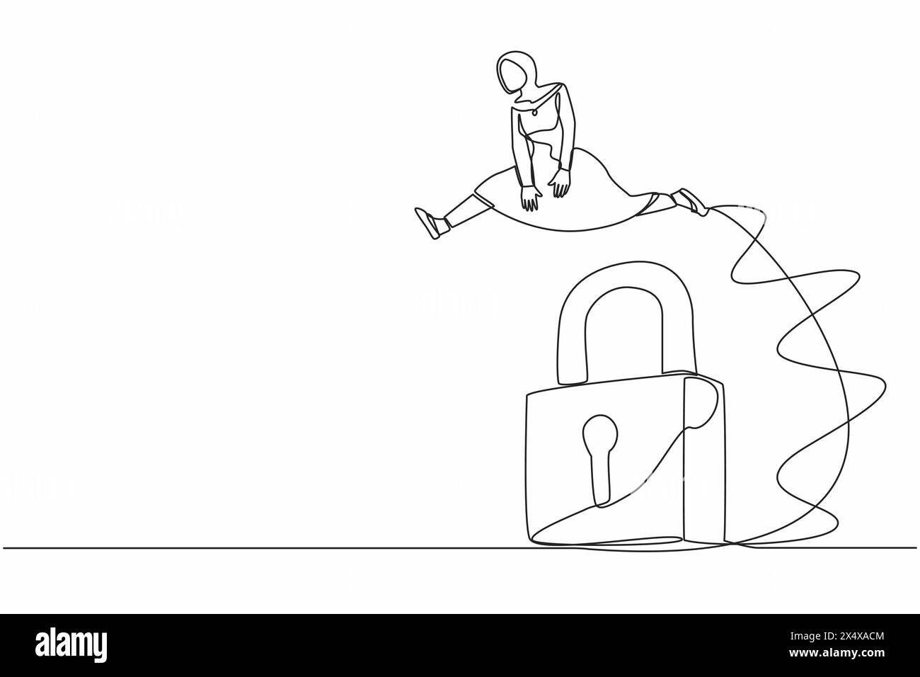 Single one line drawing active Arab businesswoman jumping big padlock ...