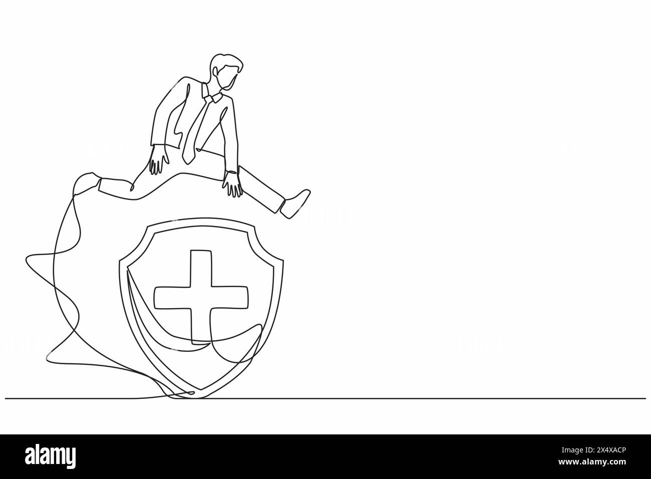 Single continuous line drawing businessman jumping over big shield ...