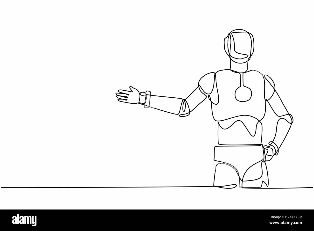 Single continuous line drawing robot standing with showing something or presenting project ...
