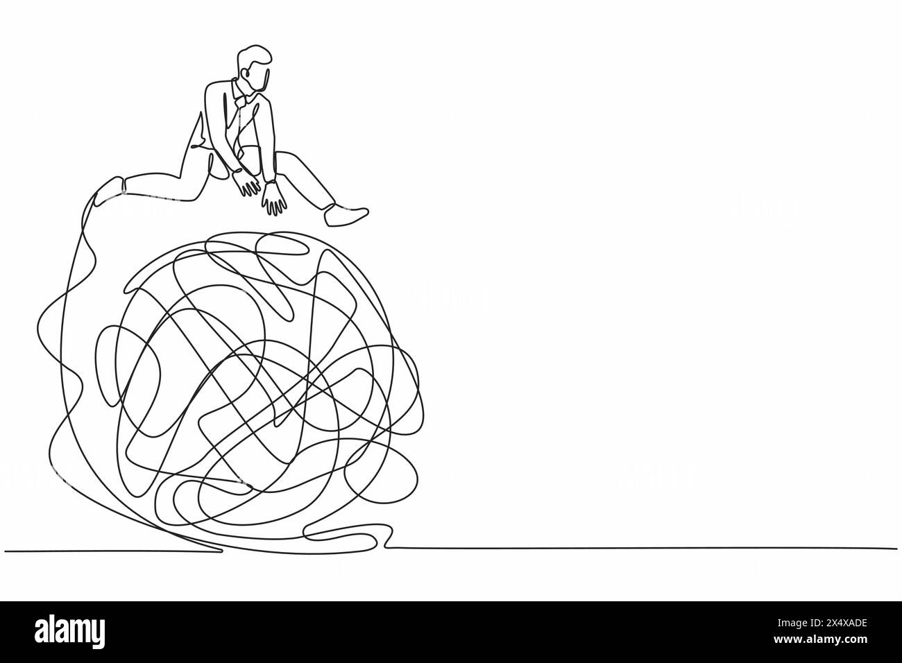 Continuous one line drawing businessman jumping over tangled scribble ...