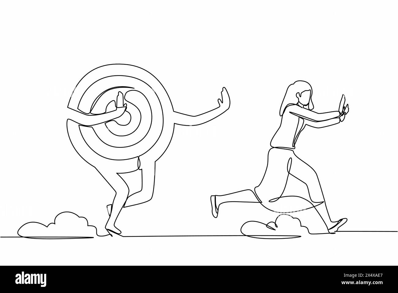 Single continuous line drawing scared businesswoman being chased by ...