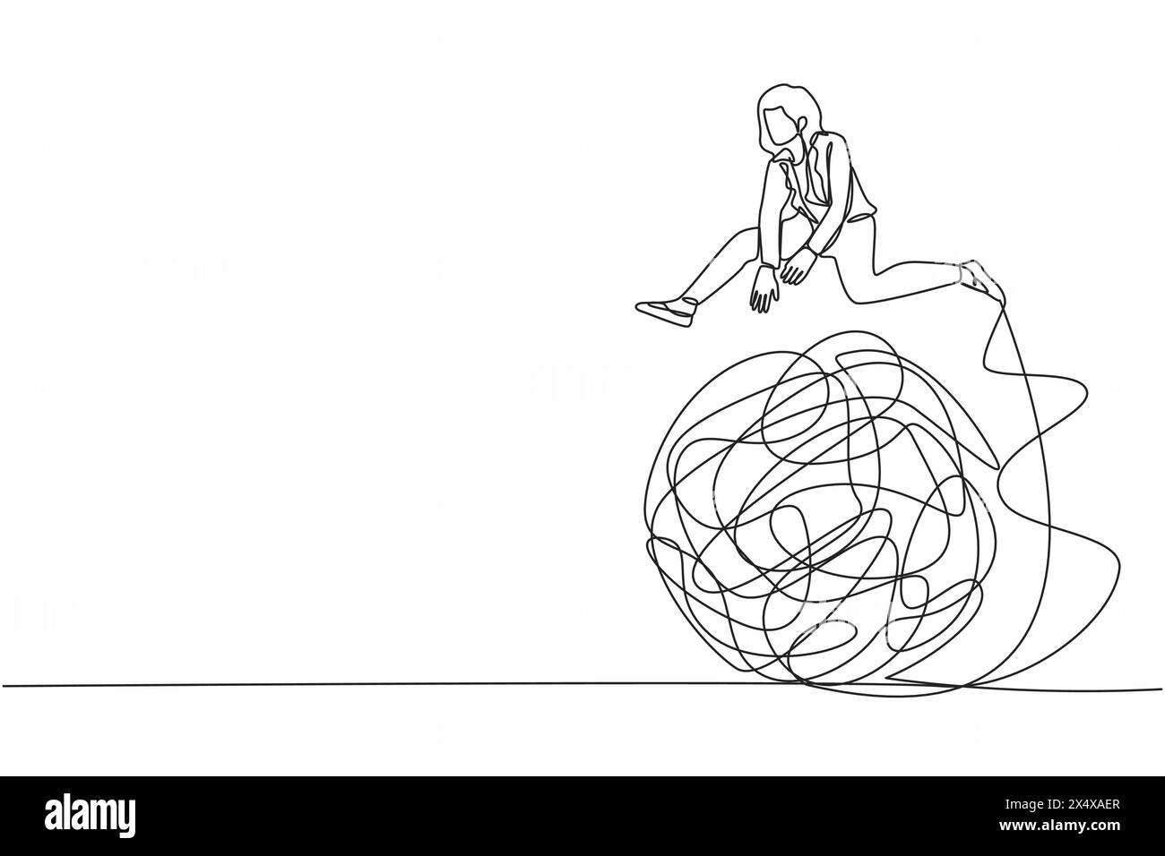 Single one line drawing businesswoman jumping over tangled scribble ...