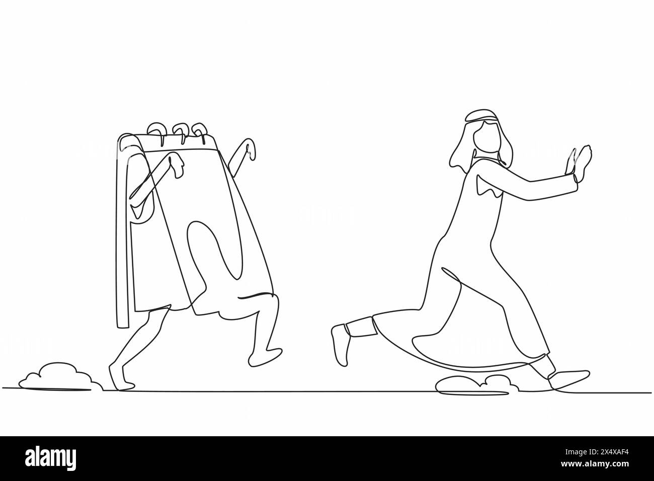 Single one line drawing unhappy Arabian businessman being chased by ...