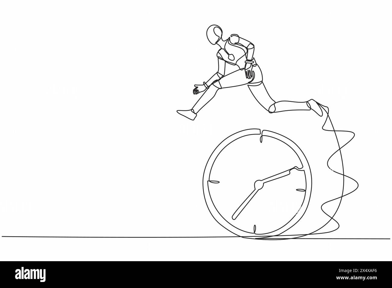 Single continuous line drawing robot jumping over clock. Time ...