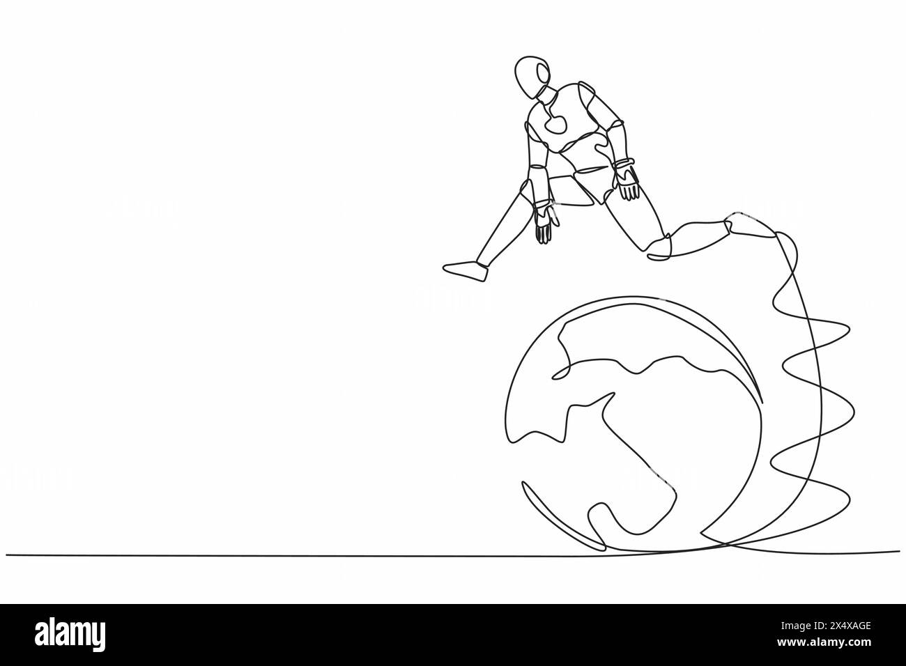 Single continuous line drawing robot jumping over globe. International ...