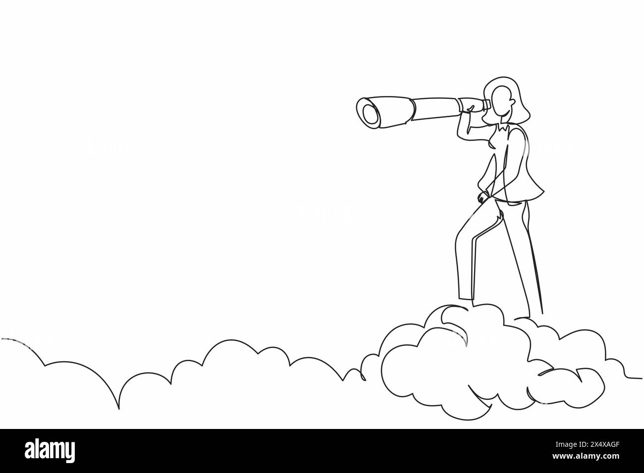 Single one line drawing visionary businesswoman on top cloud holding ...
