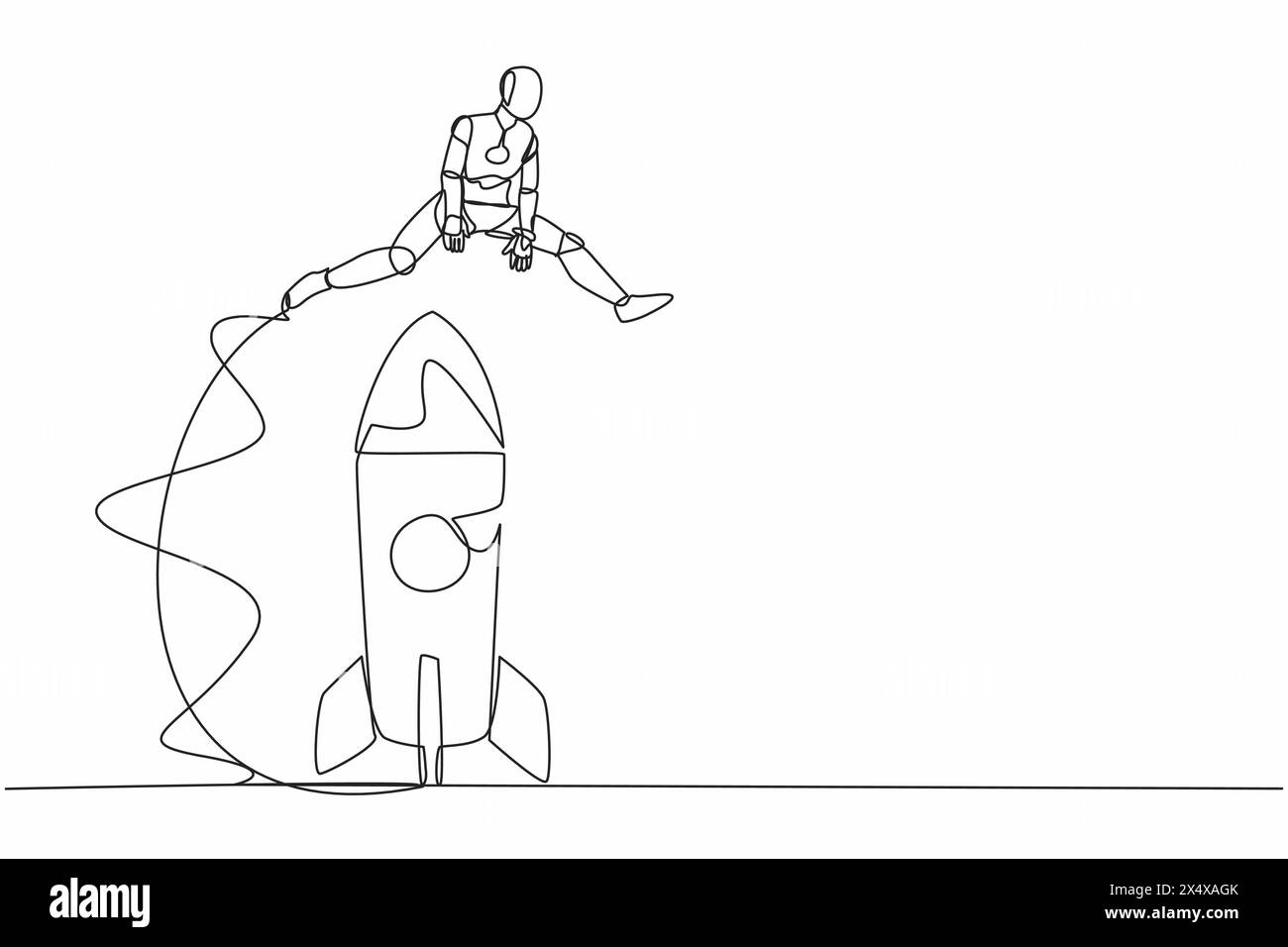 Single continuous line drawing robot jumping over big rocket ...