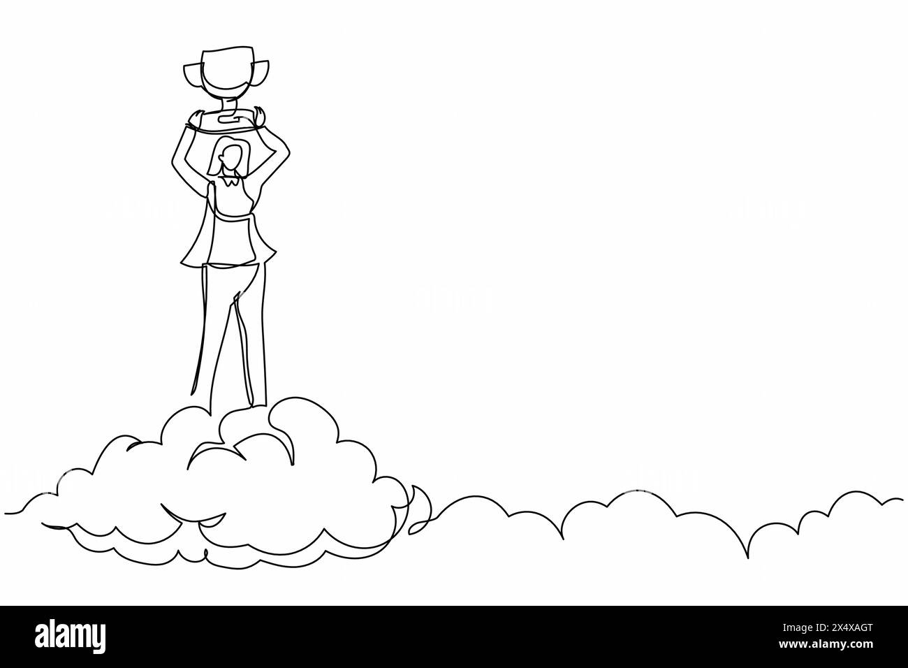 Single one line drawing businesswoman holding trophy in cloud ...