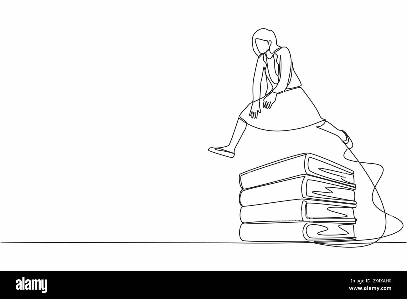 Single continuous line drawing businesswoman jumping over pile of big ...