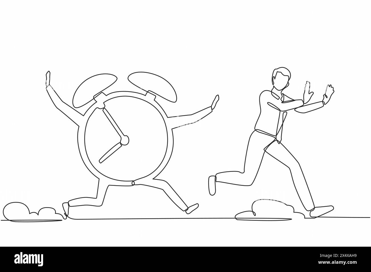 Single one line drawing stressed businessman being chased by clock ...