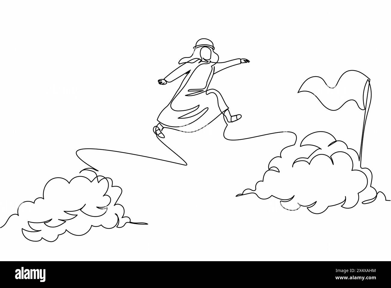 Single continuous line drawing Arab businessman jump over clouds to ... Single continuous line drawing Arab businessman jump over clouds to ...