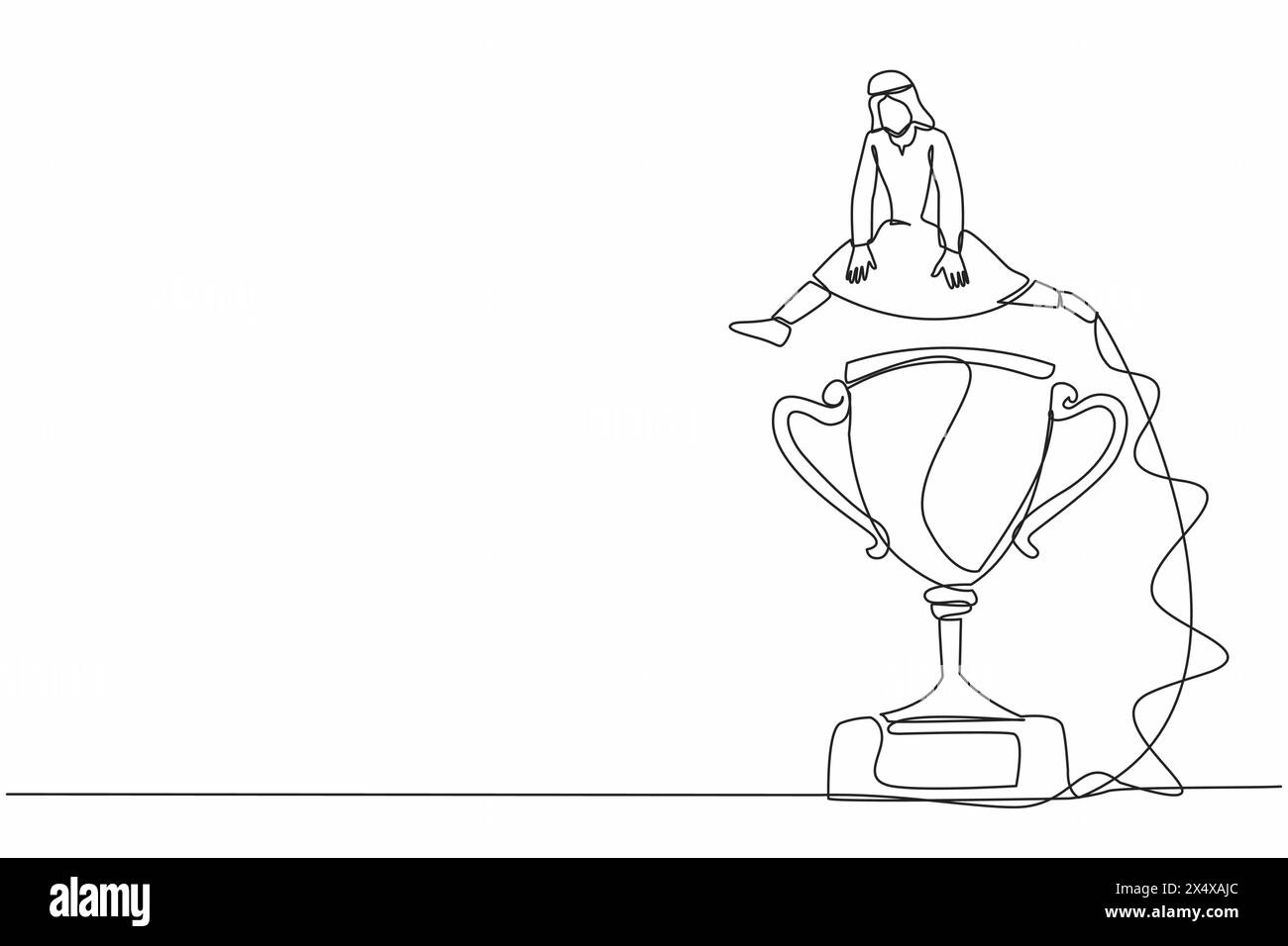 Single continuous line drawing Arab businessman jumping over big trophy ...