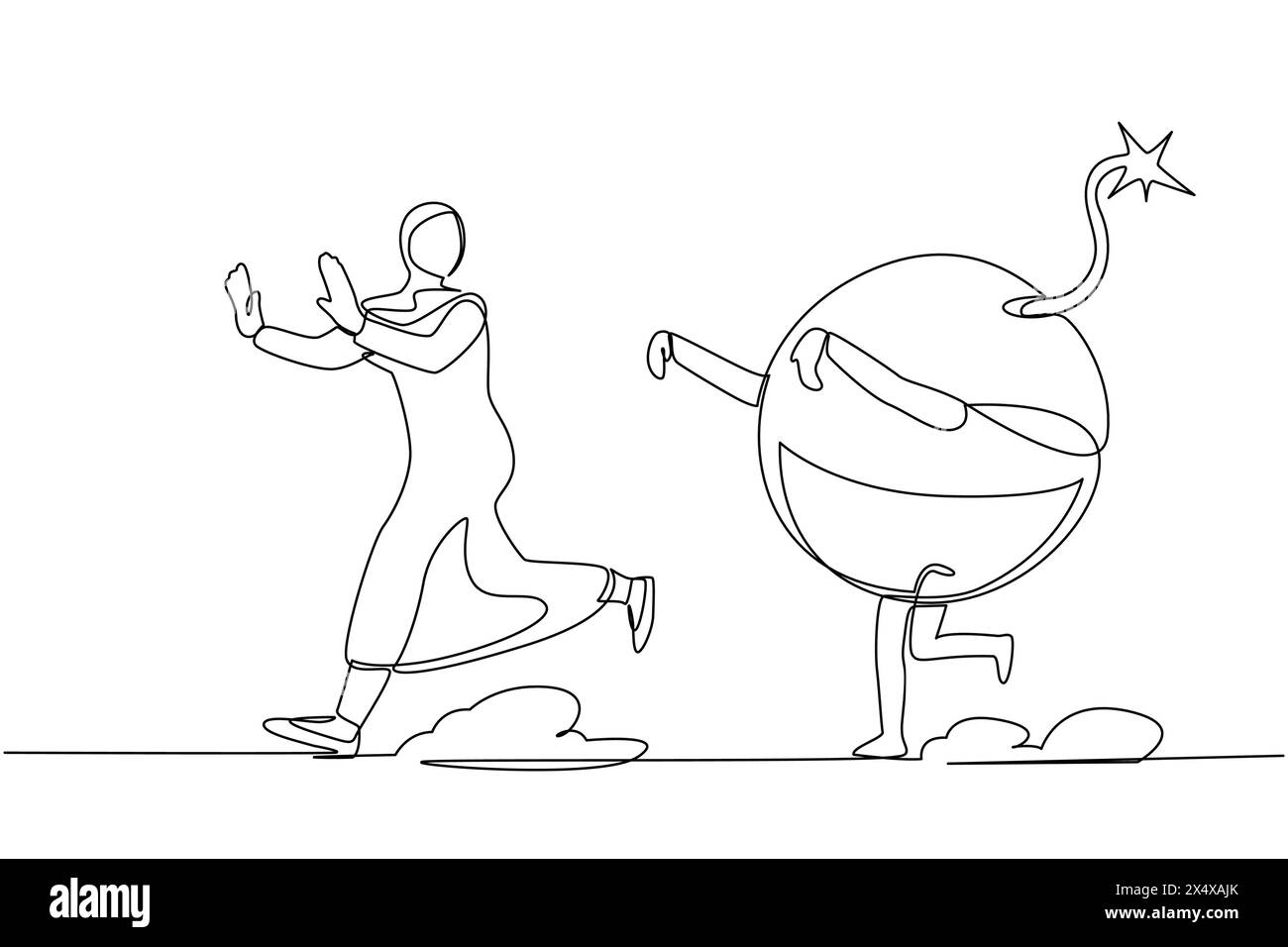 Continuous one line drawing fright Arab businesswoman being chased by ...