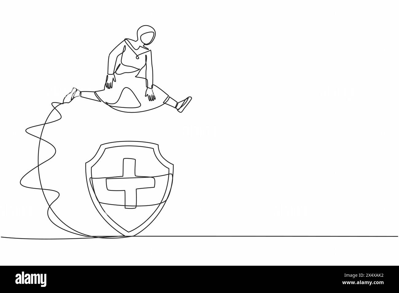 Continuous one line drawing Arab businesswoman jumping over big shield ...