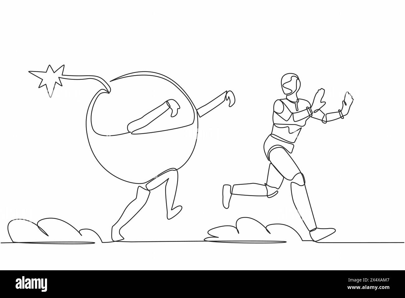 Single one line drawing stressed robot being chased by bomb. Afraid ...