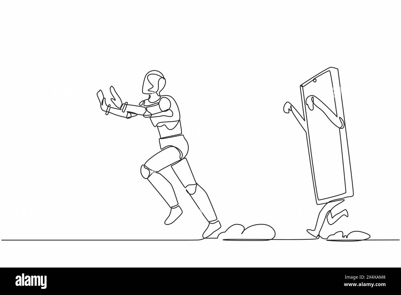 Single continuous line drawing stressed robot being chased by ...