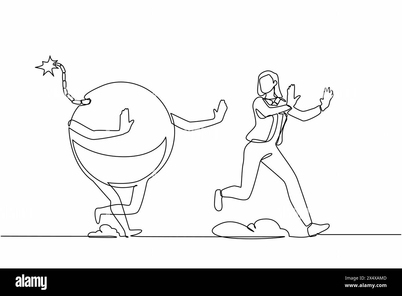 Continuous one line drawing scared businesswoman being chased by bomb ...