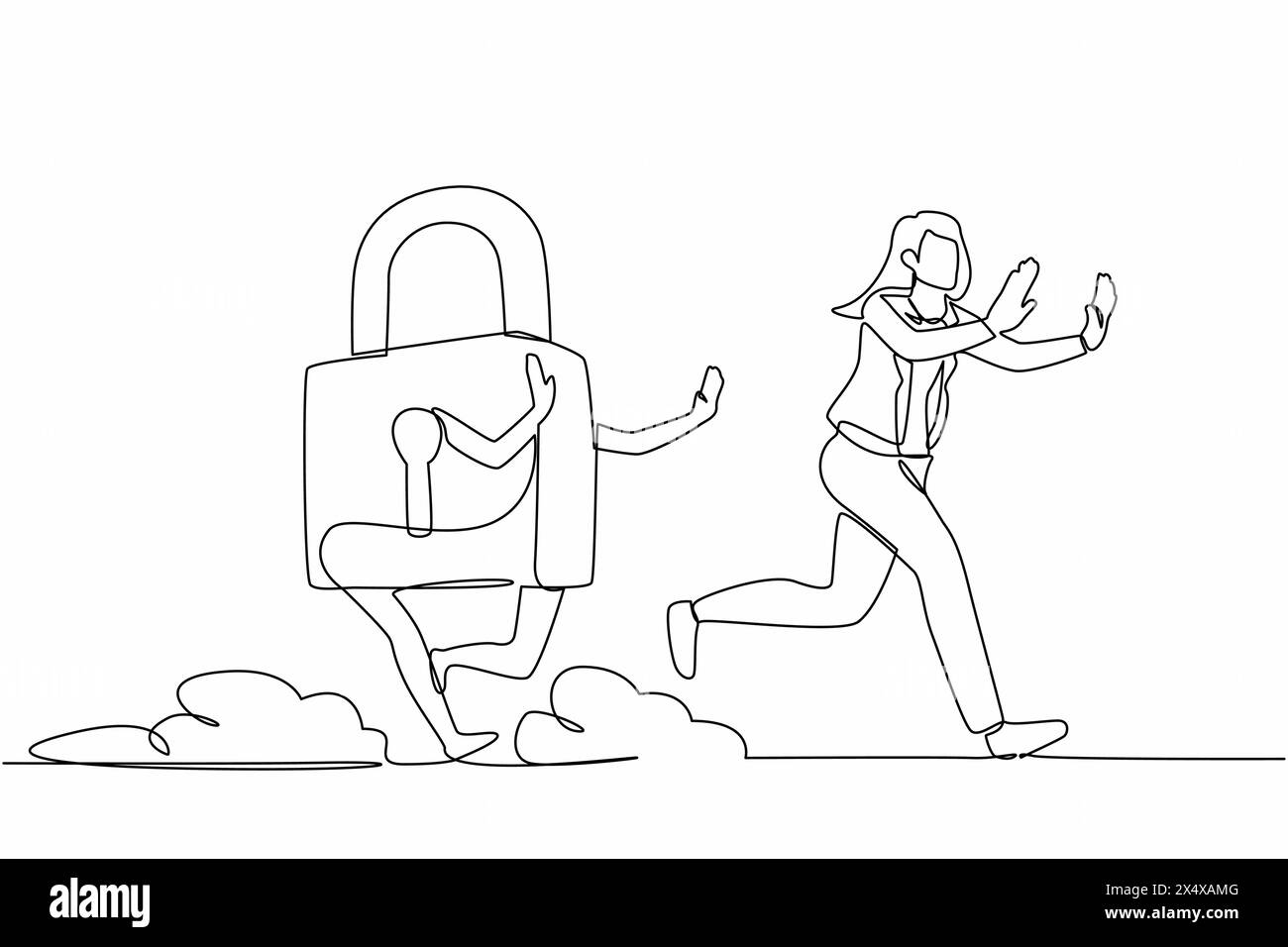 Single one line drawing scared businesswoman being chased by padlock ...