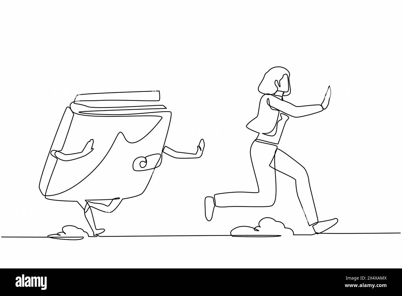 Continuous one line drawing scared businesswoman being chased by wallet ...
