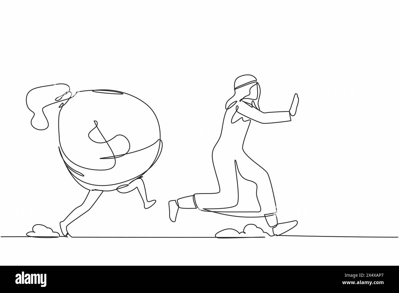 Single one line drawing unhappy Arab businessman being chased by money ...