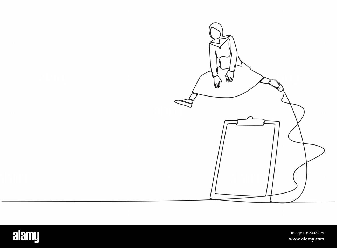 Single continuous line drawing Arab businesswoman jumping over big ...