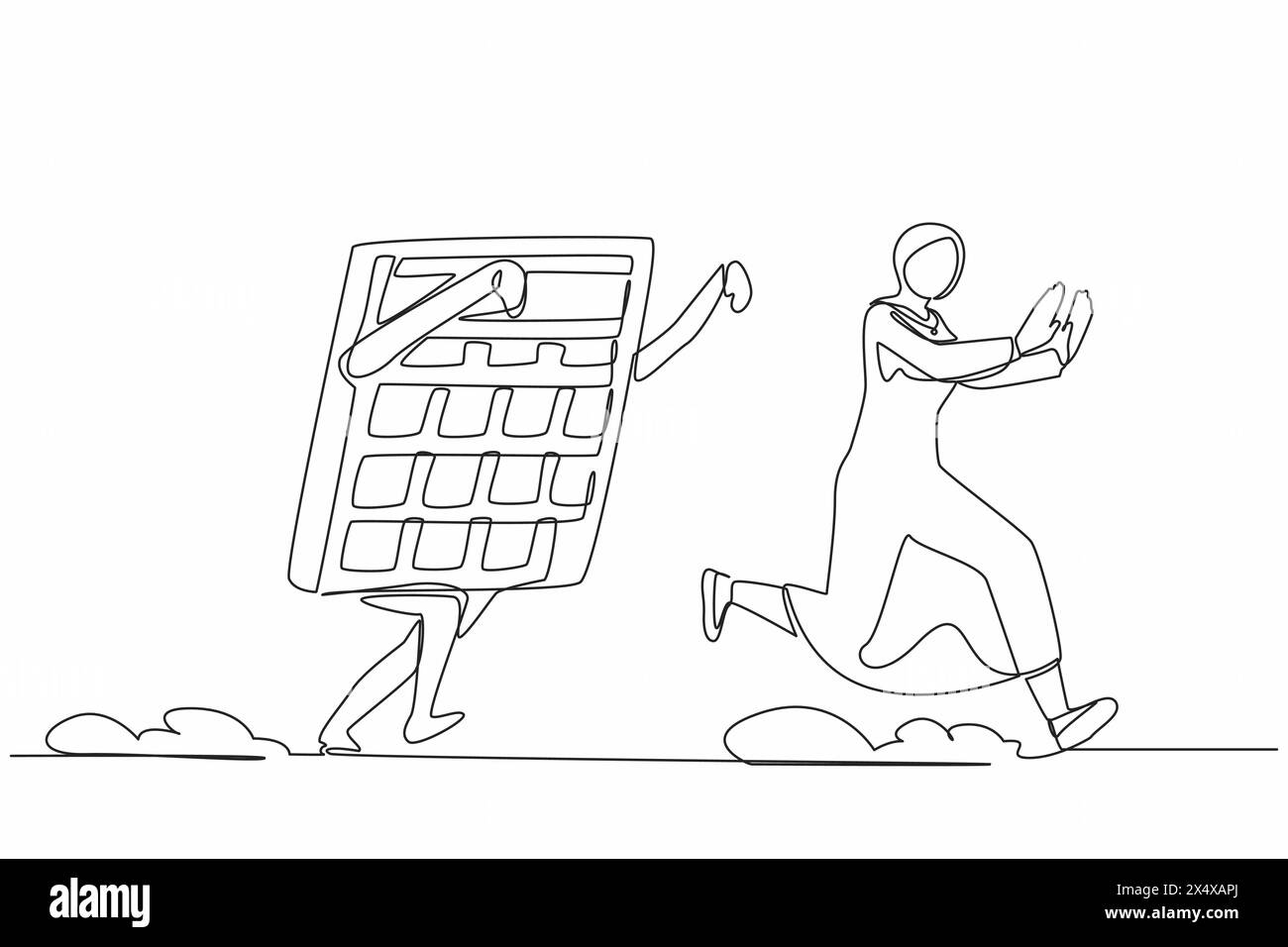 Single continuous line drawing fright Arabian businesswoman being ...