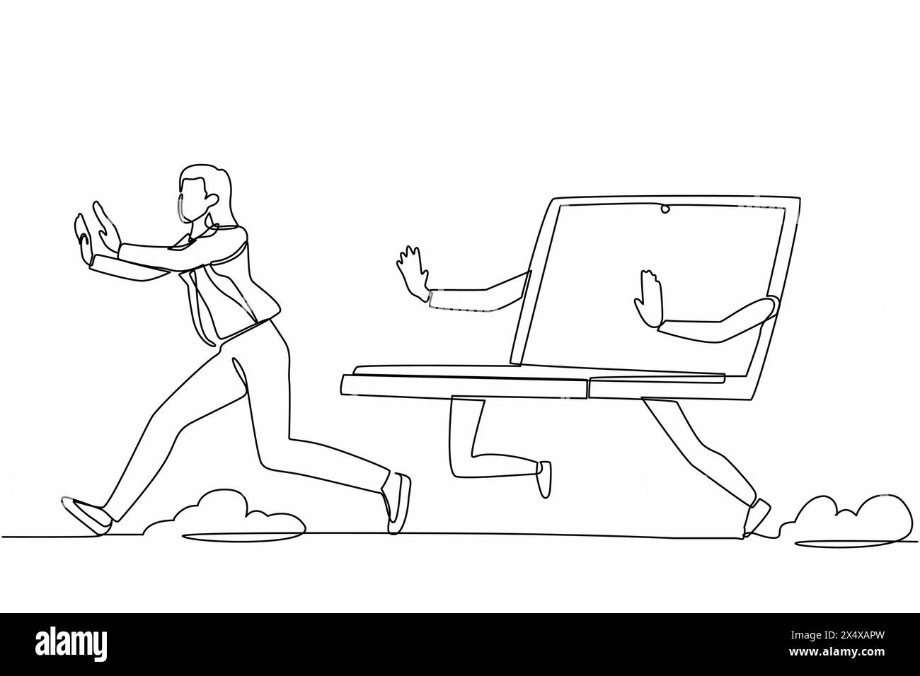 Single continuous line drawing scared businesswoman being chased by ...