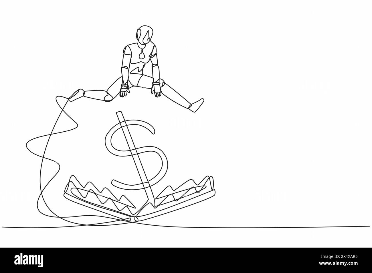 Continuous one line drawing robot jumping over money pitfall with big ...