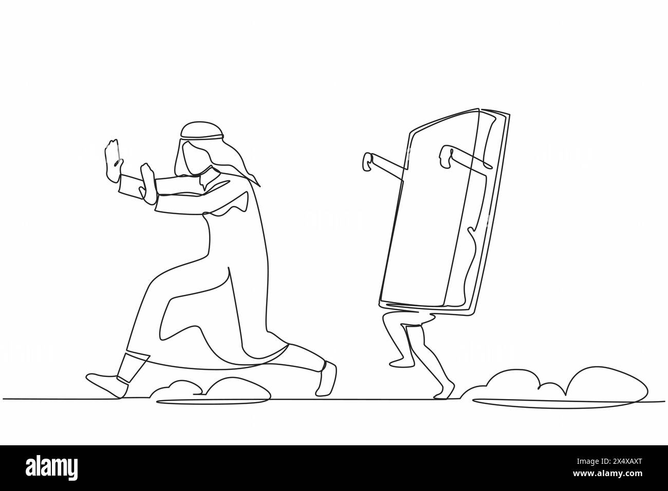 Continuous one line drawing unhappy Arab businessman being chased by ...