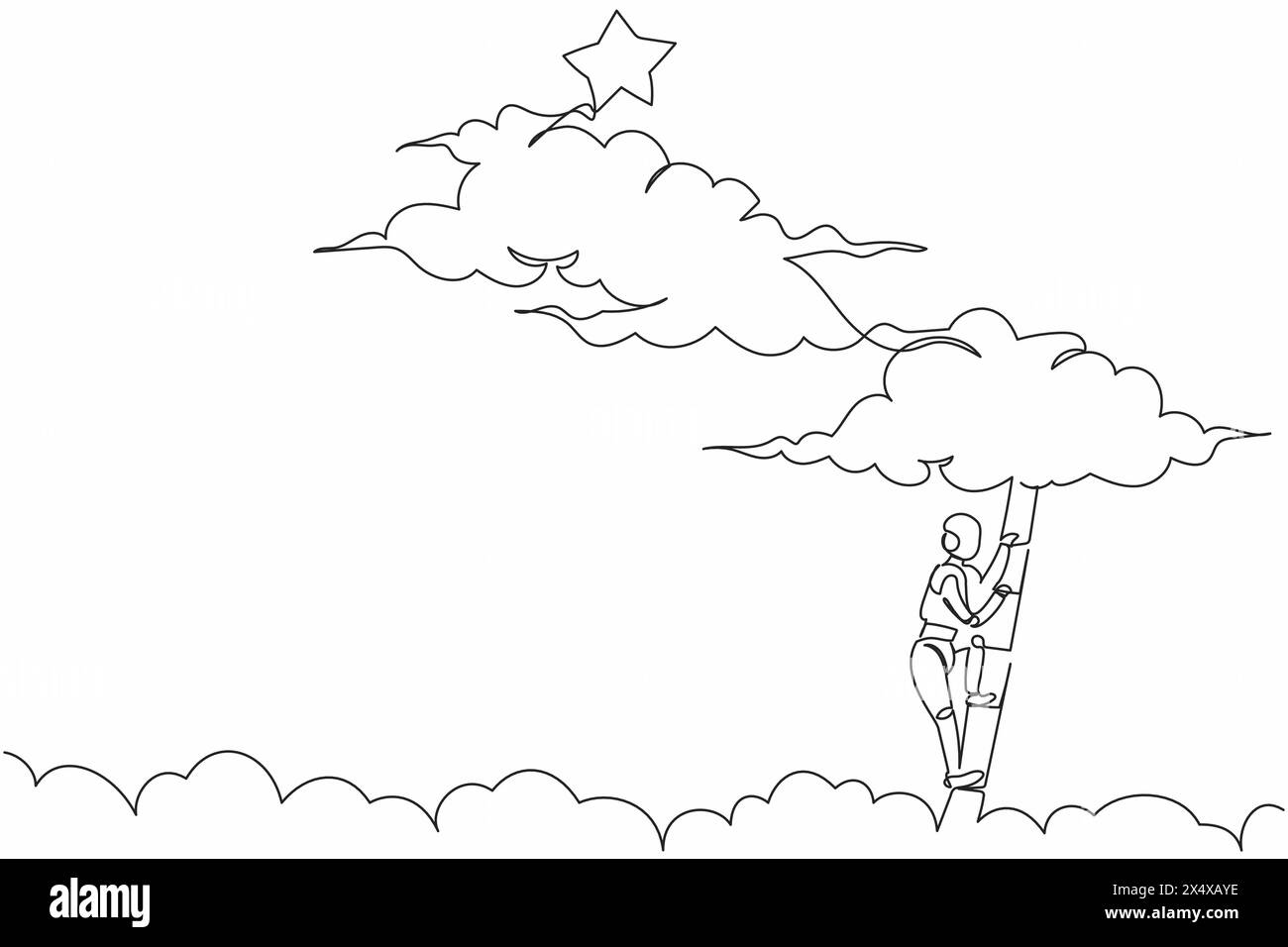 Single continuous line drawing robot climbing ladder to reach out for ...