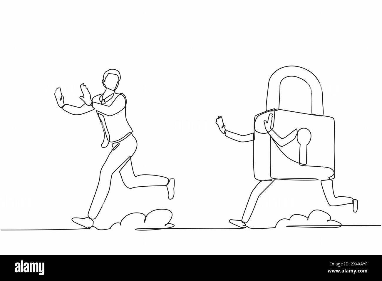 Single one line drawing stressed businessman being chased by padlock ...