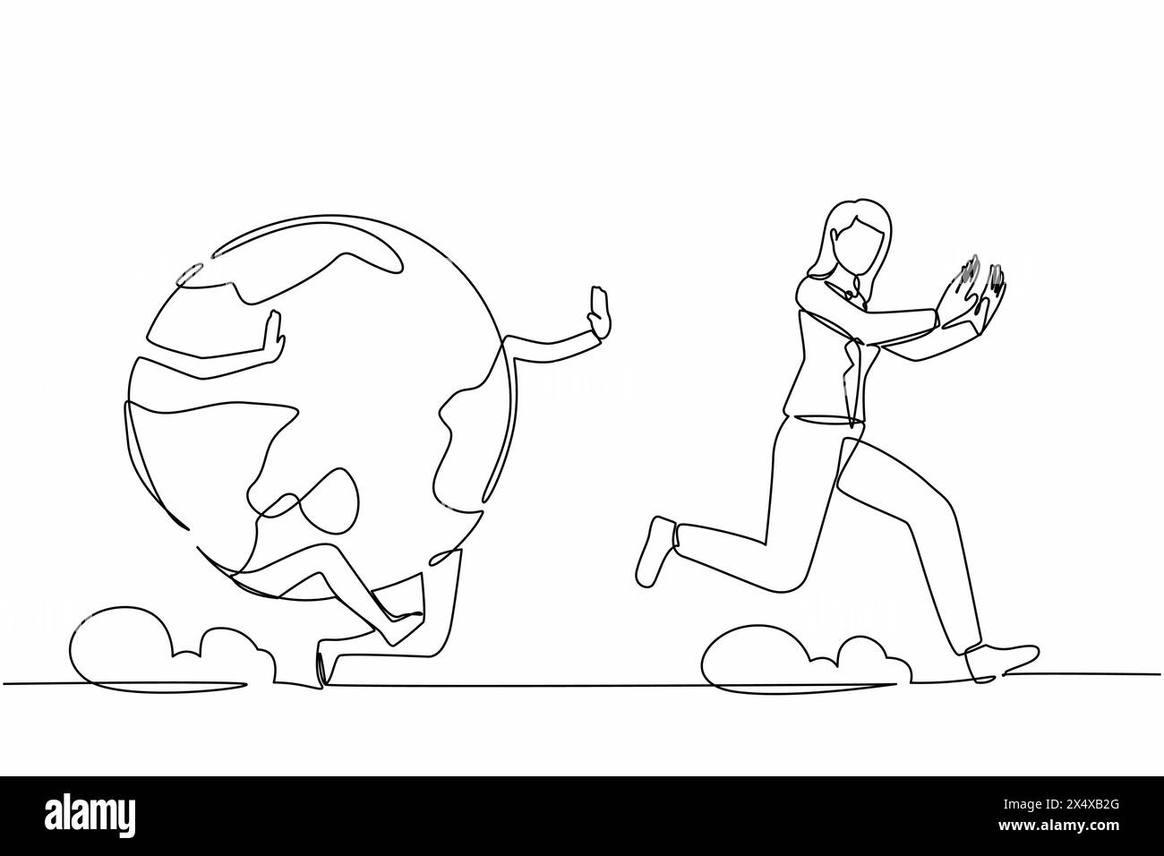 Single one line drawing scared businesswoman being chased by globe ...