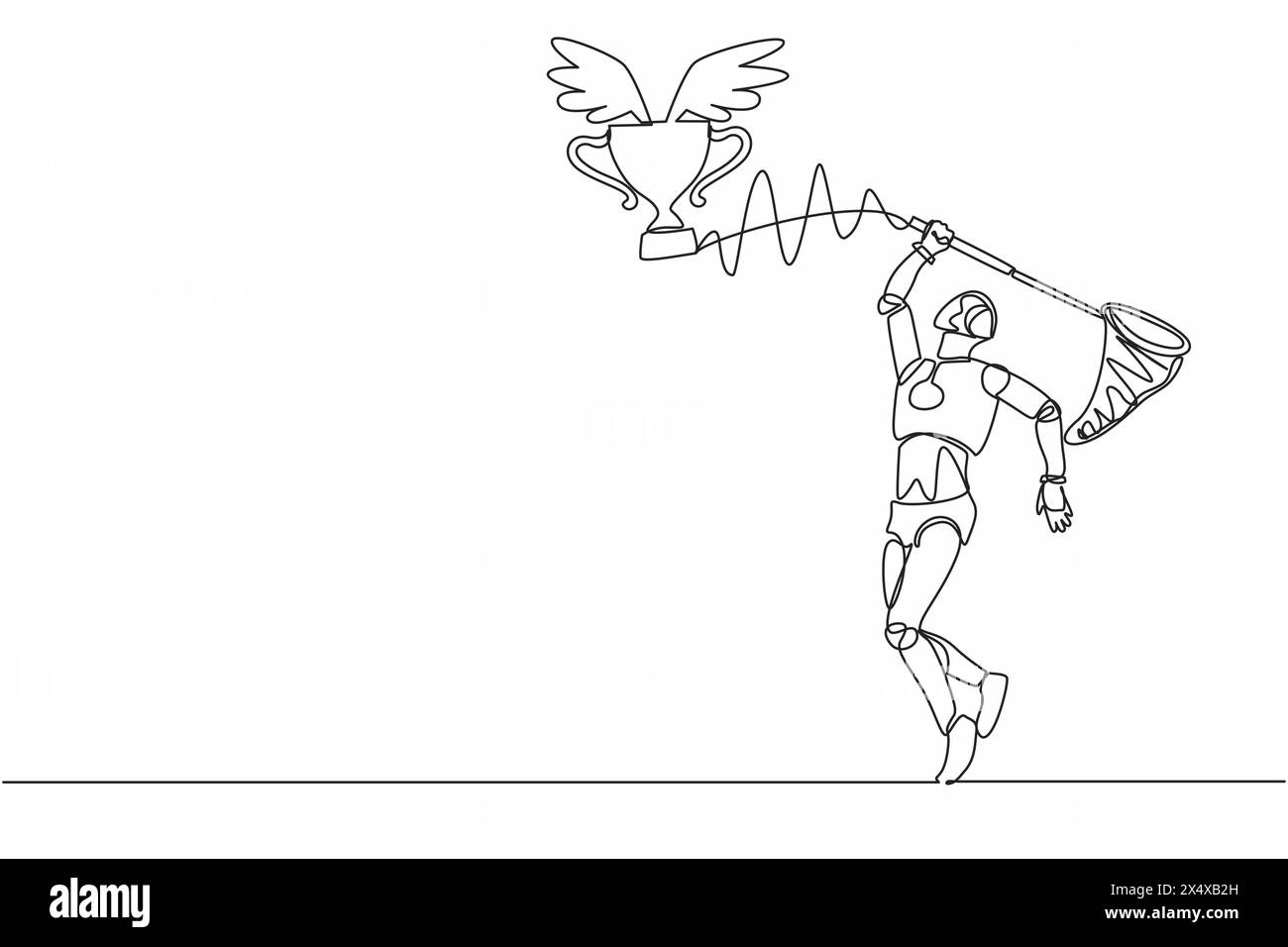 Continuous one line drawing robot try to catching flying trophy with ...