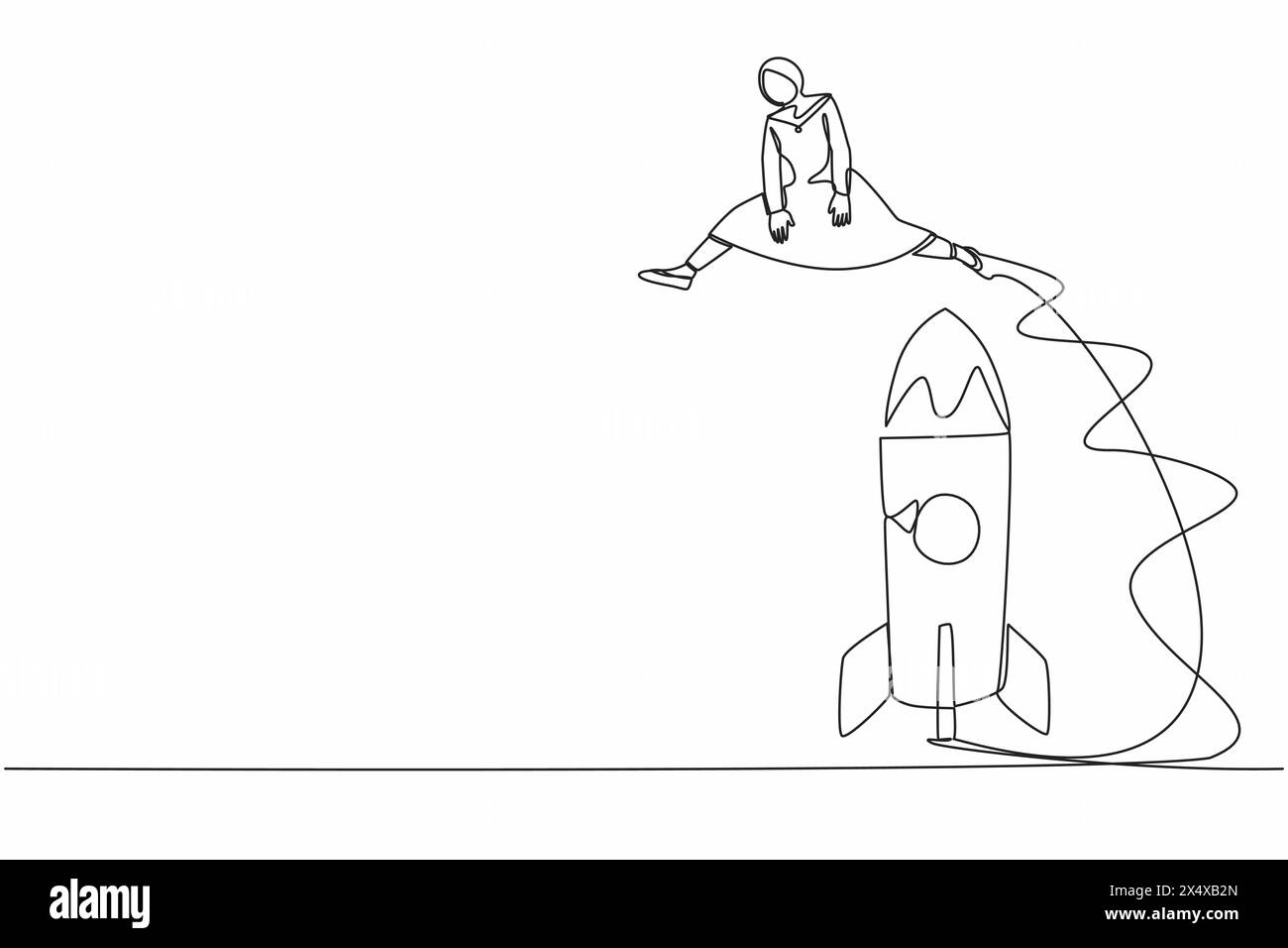 Single one line drawing Arab businesswoman jumping over big rocket ...