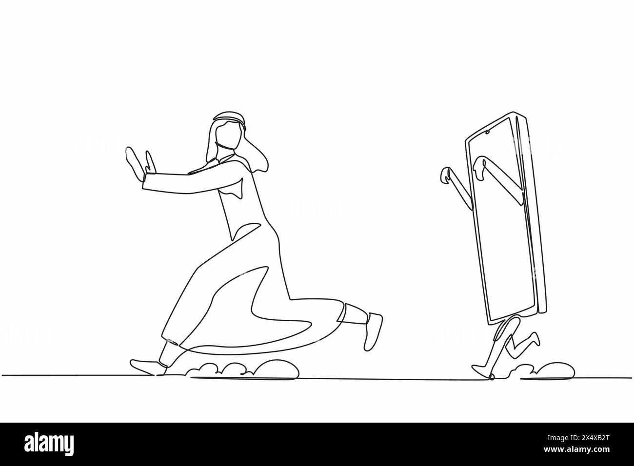 Continuous one line drawing unhappy Arab businessman being chased by ...