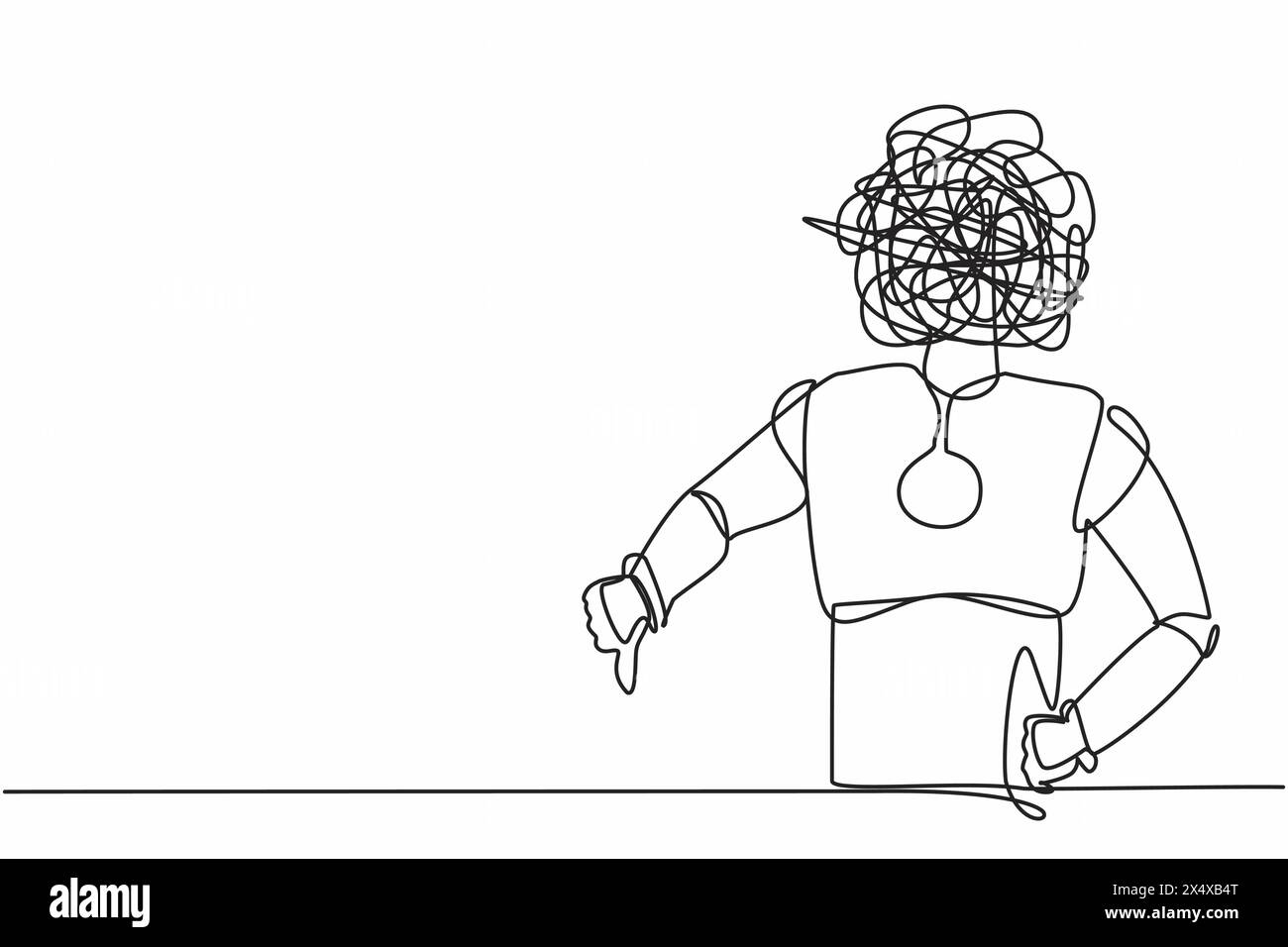 Single continuous line drawing robot with round scribbles instead of head, showing thumbs down ...
