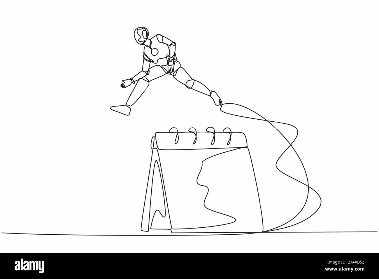 Continuous one line drawing robot jumping over big calendar, planning ...