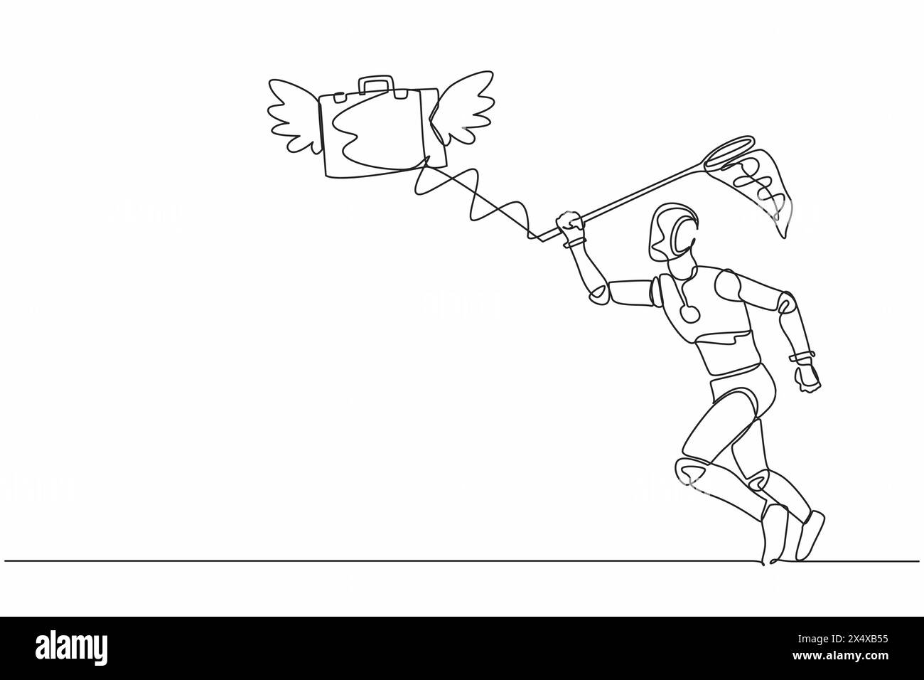Single continuous line drawing robot try to catch flying briefcase with ...