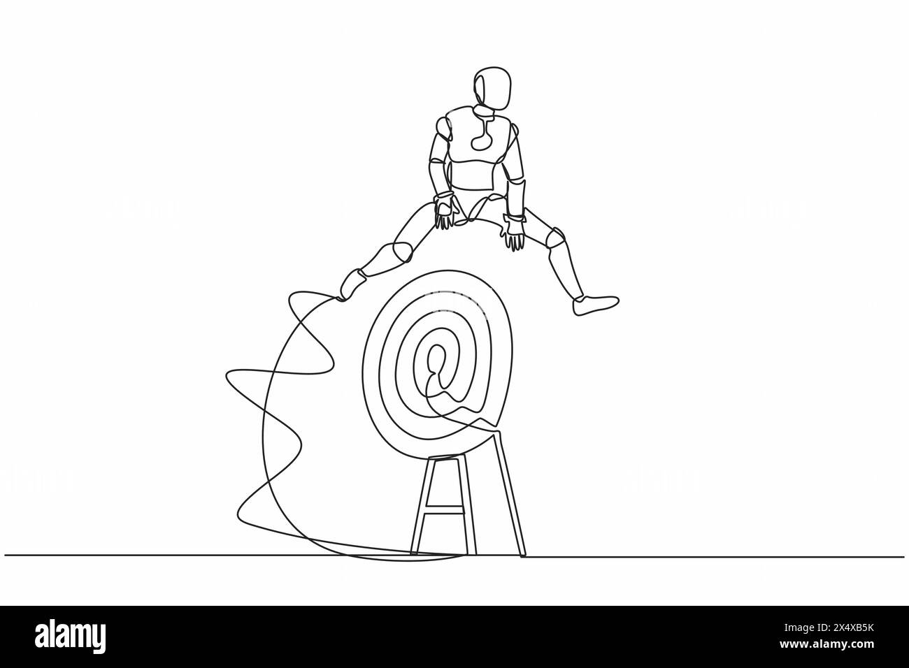 Single one line drawing robot jumping on big archery bullseye target ...