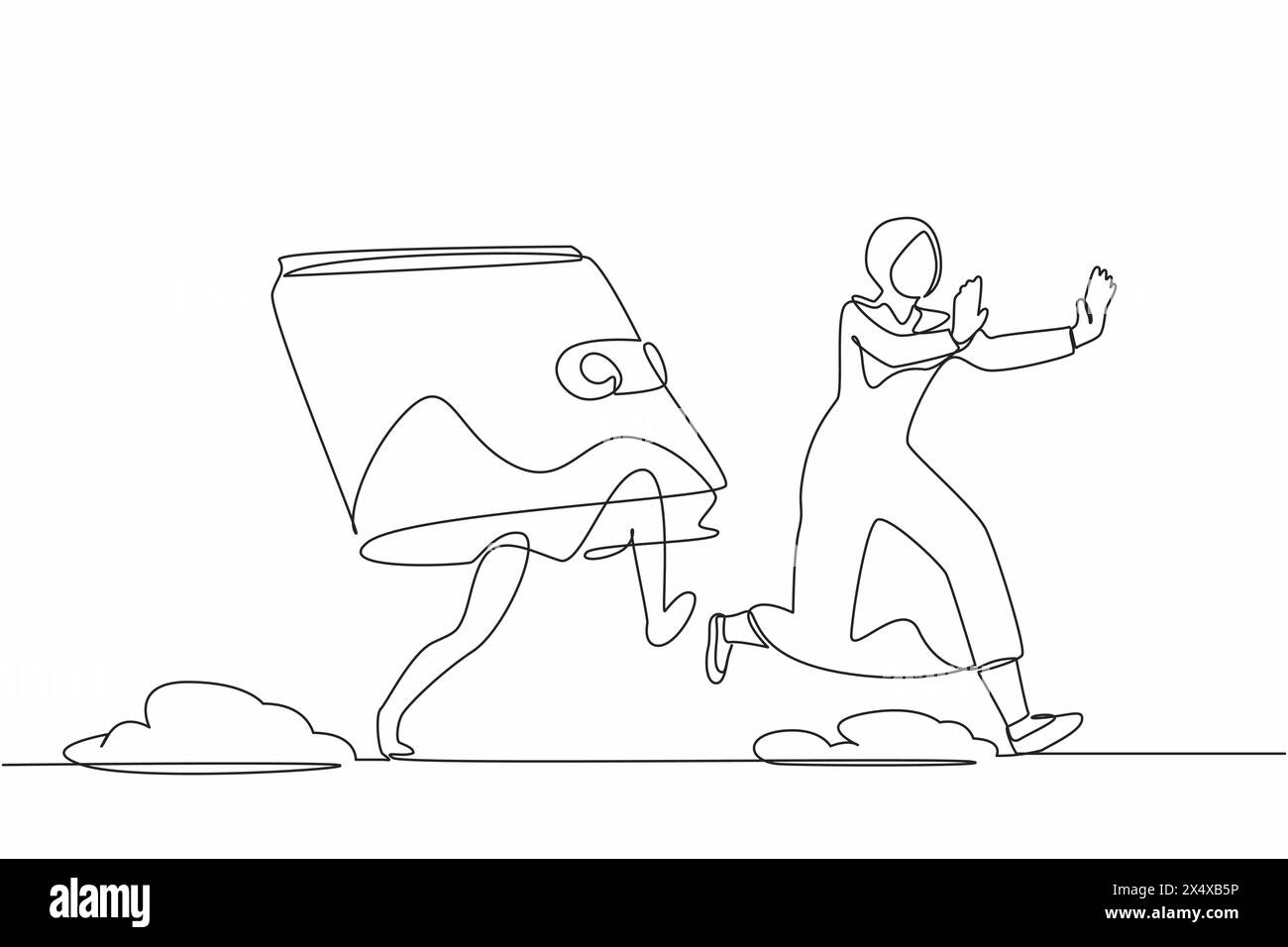Continuous one line drawing fright Arab businesswoman being chased by ...