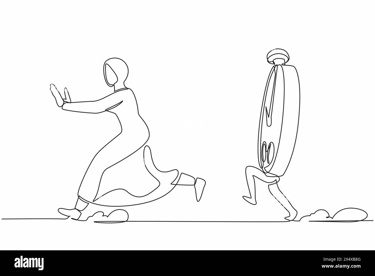 Continuous one line drawing fright Arab business woman being chased by ...